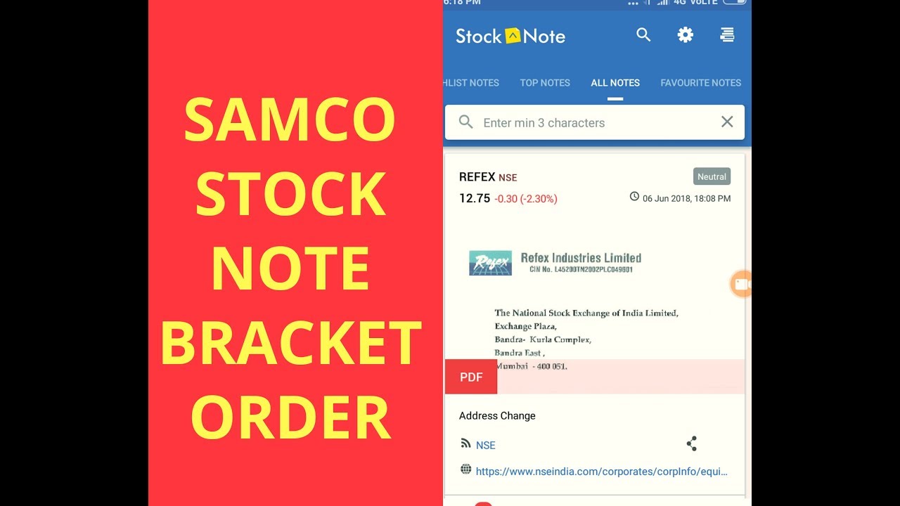 Stock note app by samco demo of bracket order - YouTube