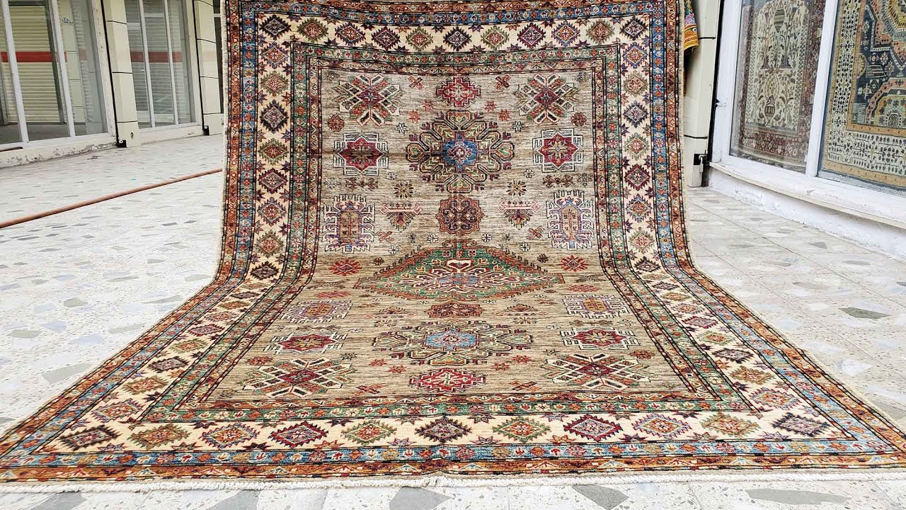 Modern Kazak Design Afghan Hand-Knotted Rug, Green Ghazni Wool Rug ...