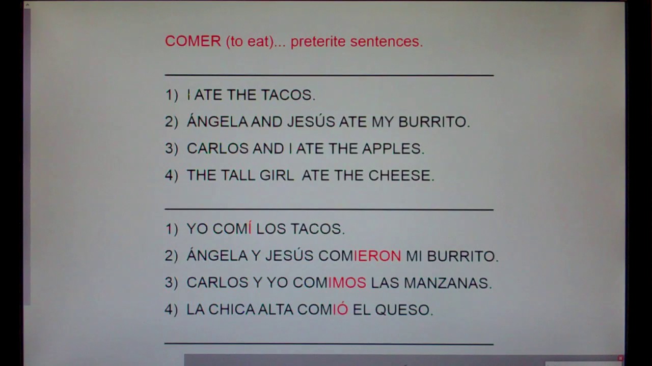 COMER (to Eat) preterite sents: I ate the tacos... - YouTube