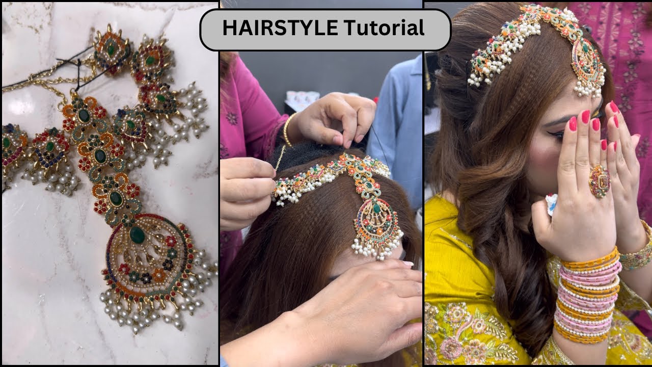 Mehndi Bridal Hairstyle | Open Curls with Perfect Matha Patti Setting ...