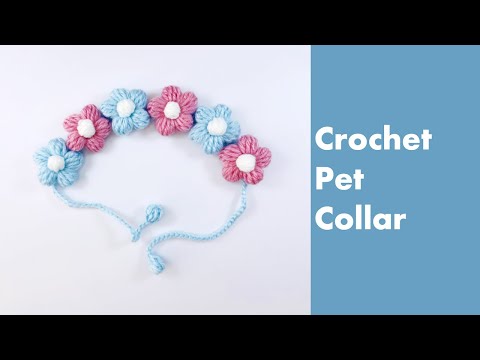 Crochet pet collar with puff flowers | crochet cat collar | crochet dog collar
