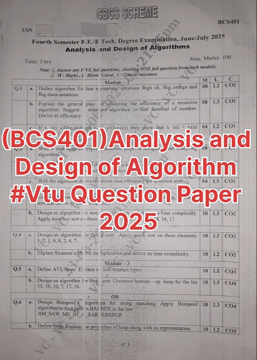 BCS401 Analysis and Design of Algorithm VTU Question Paper 2025 #vtu #2025exams #shorts # ...