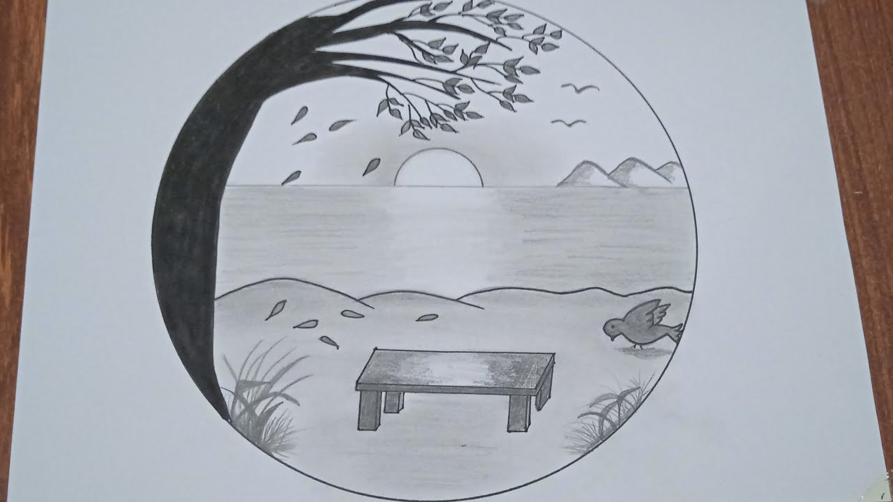 Autumn Season Drawing || Easy Circle Scenery Drawing || Circle Drawing ...