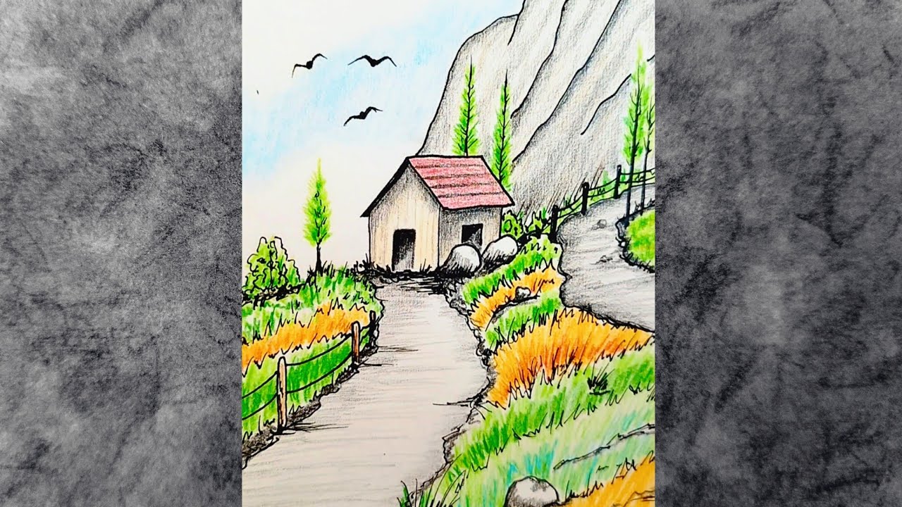 Landscape Scenery Drawing / Colored Pencils and Ink/ Pencil Sketch ...
