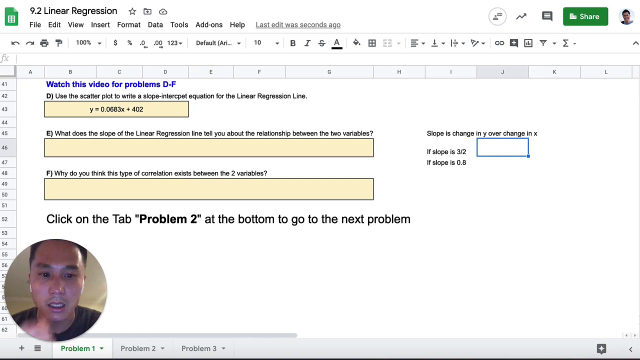 Math 1- Lesson 9.2 - Linear Regression Problems D-F - YouTube