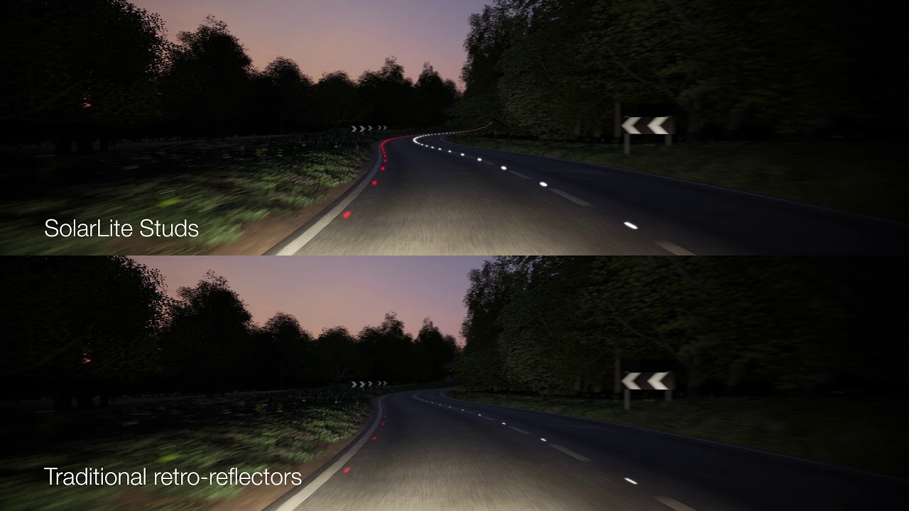 SolarLite Active Road Studs vs retro-reflective road studs at dusk ...