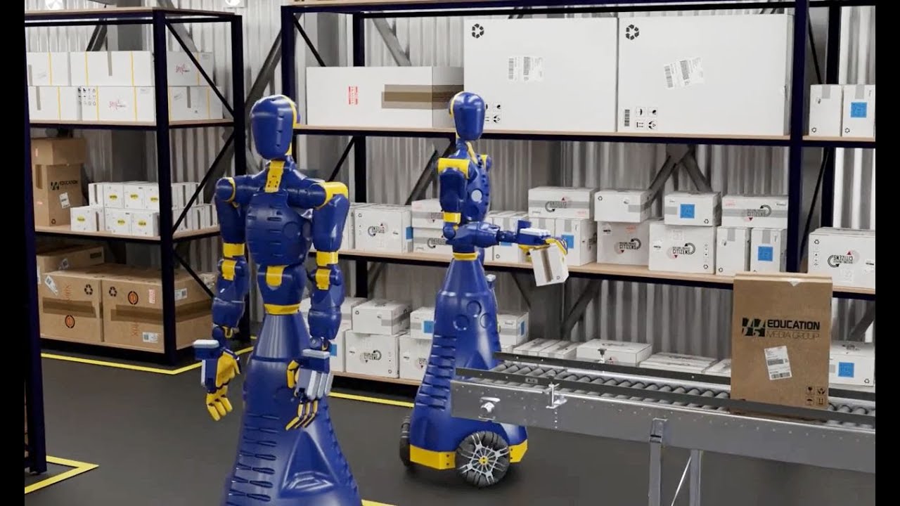 Two WorkFar Syntro Humanoid Robots Operating in a Warehouse - YouTube