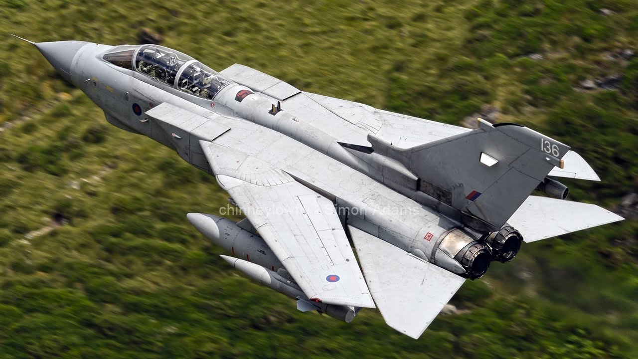 Swept Tornado GR4 and Hawk fast jet trainers at low level in the Mach ...