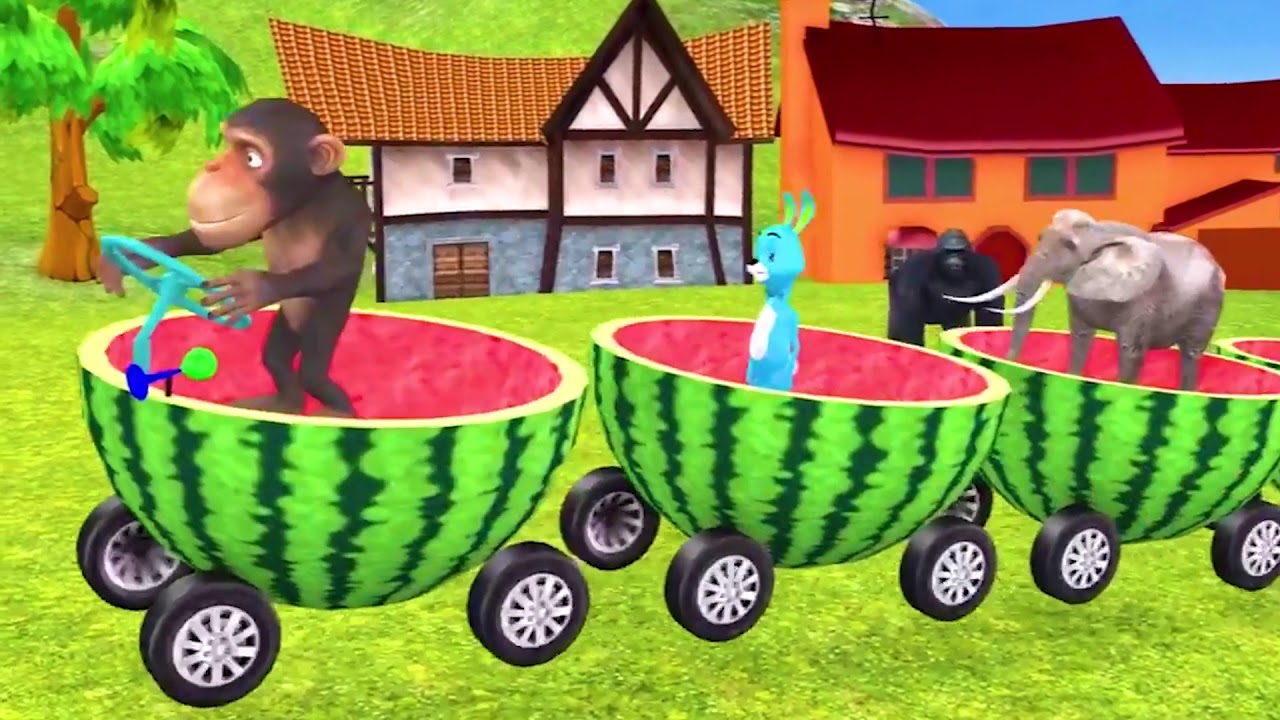 Funny Monkey Drives Watermelon Train In Outdoor Playground For Kids😍🙉🚂 ...