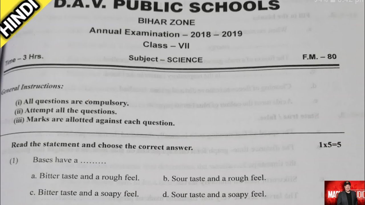 Dav Class 7 Science Annual Examination Question Paper Dav Public