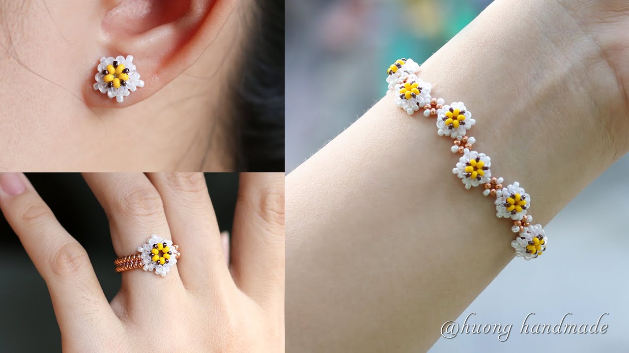 Daisy flower jewelry set. Bracelet, earring & ring. How to make beaded ...
