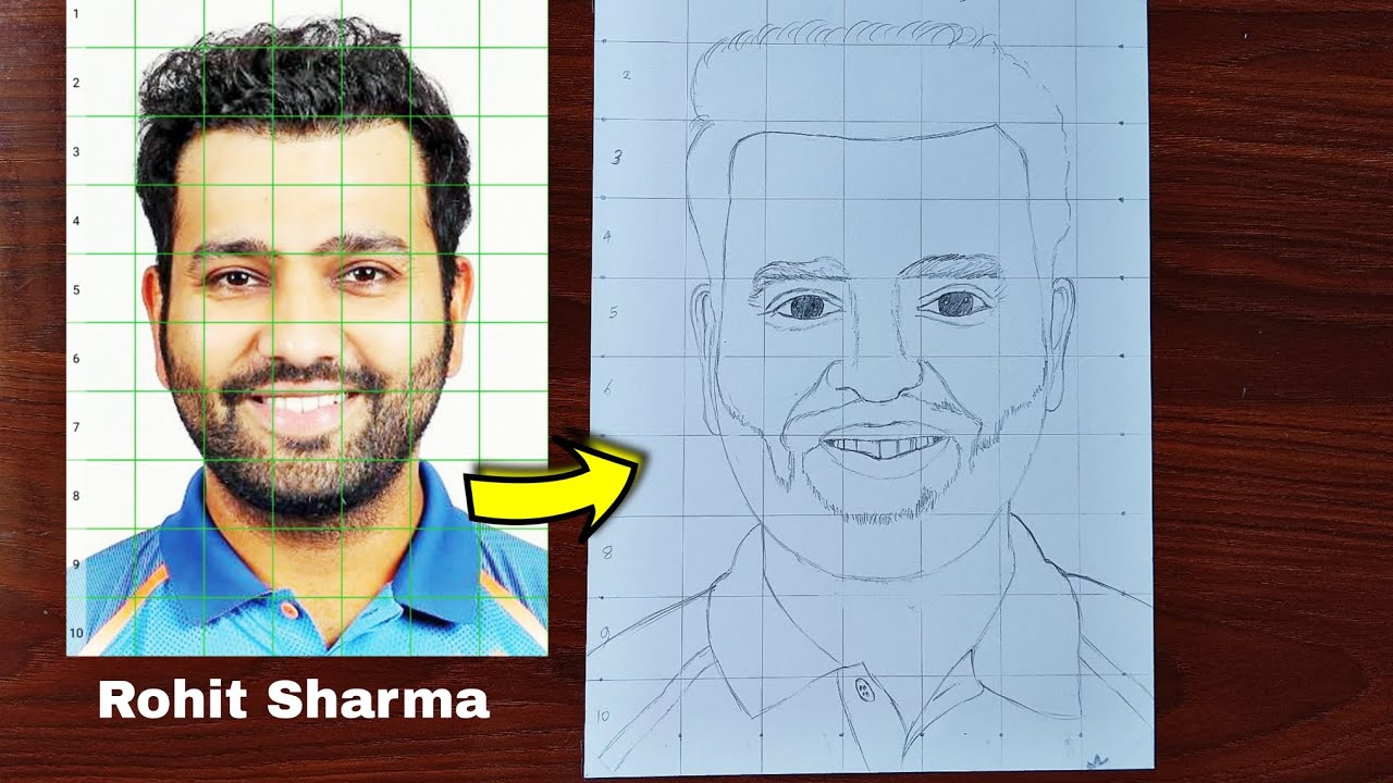 How to draw Rohit Sharma (Hitman) || Grid method step by step for ...