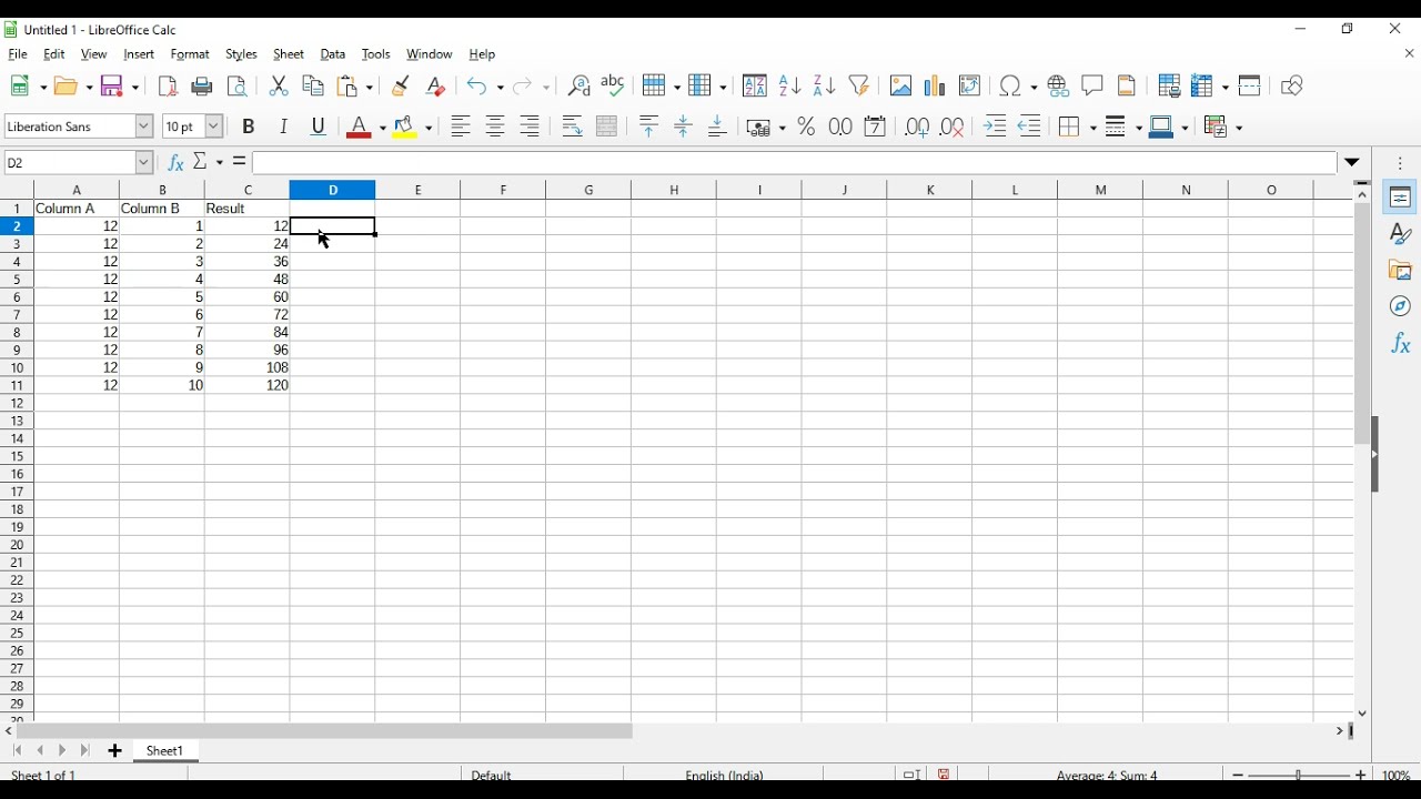 Formula for Multiplication of two numbers and sequence in Libre Office ...
