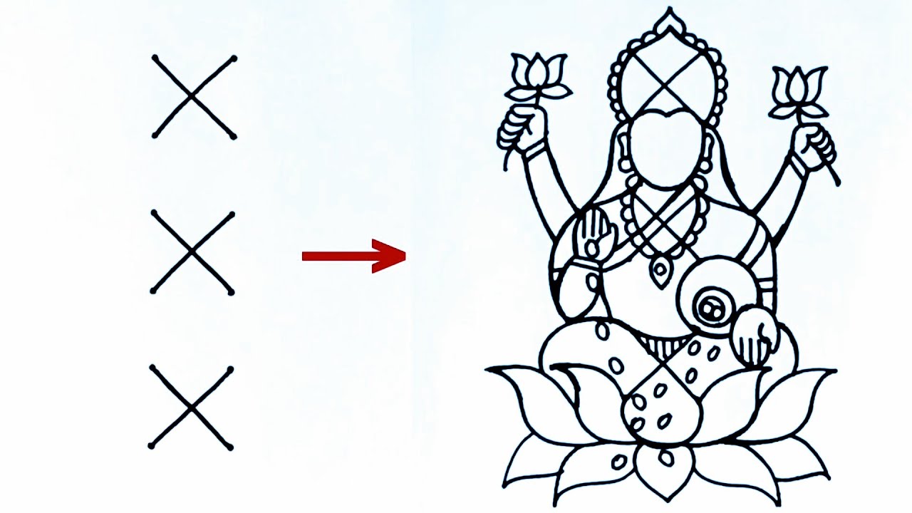 Maa Lakshmi drawing from 2×6 dots easy // How to draw a Goddess Lakshmi ...