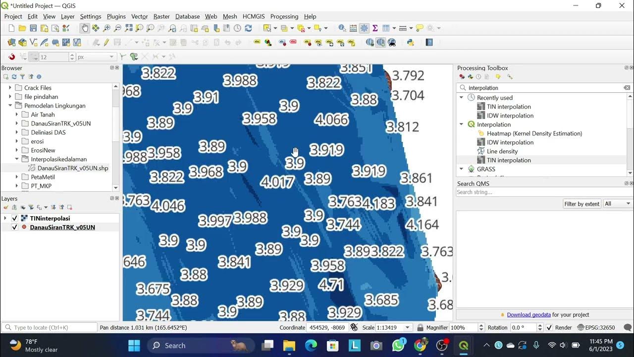 Interpolasi Kedalaman Danau (TIN Interpolation) - QGIS - YouTube