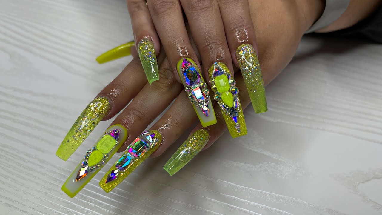 Watch me work | Neon yellow bling nails - YouTube