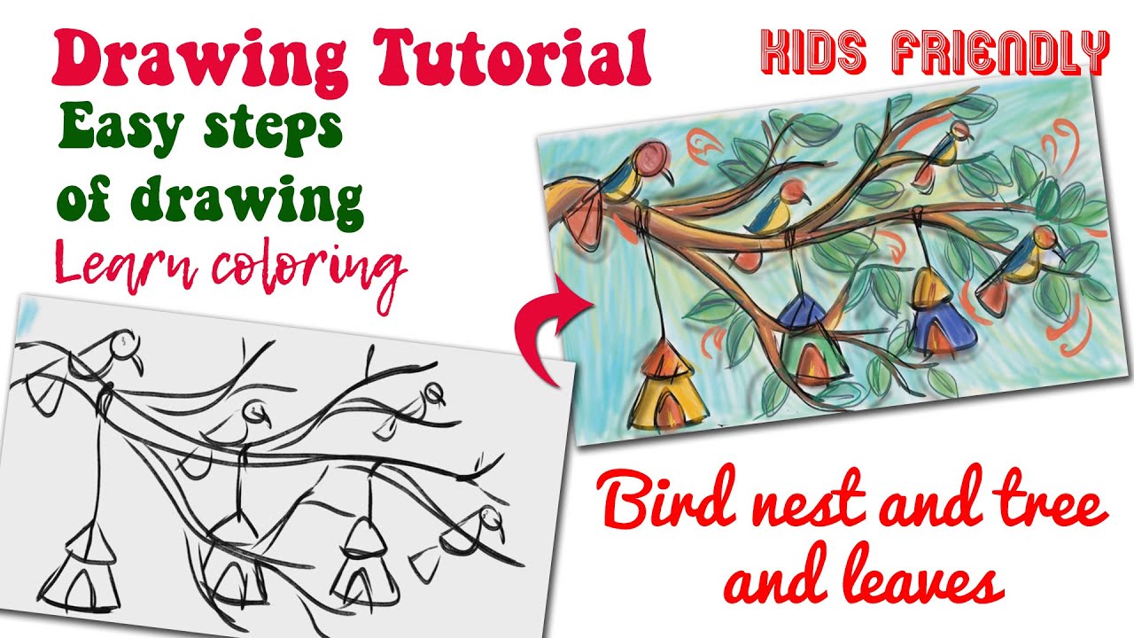 Colorful Tree with bird nest Drawing tutorial | Learn Drawing | How to ...