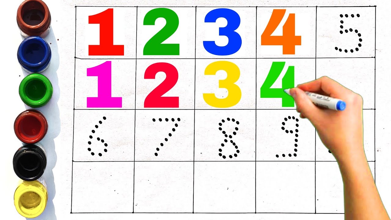 Drawing one, two, three... number and repeating with colorful paint ...