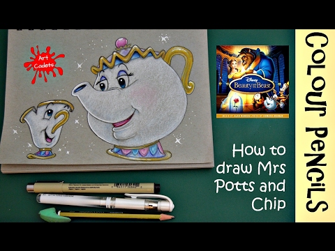 How to draw Mrs Potts and Chip from Beauty and the Beast using colour ...