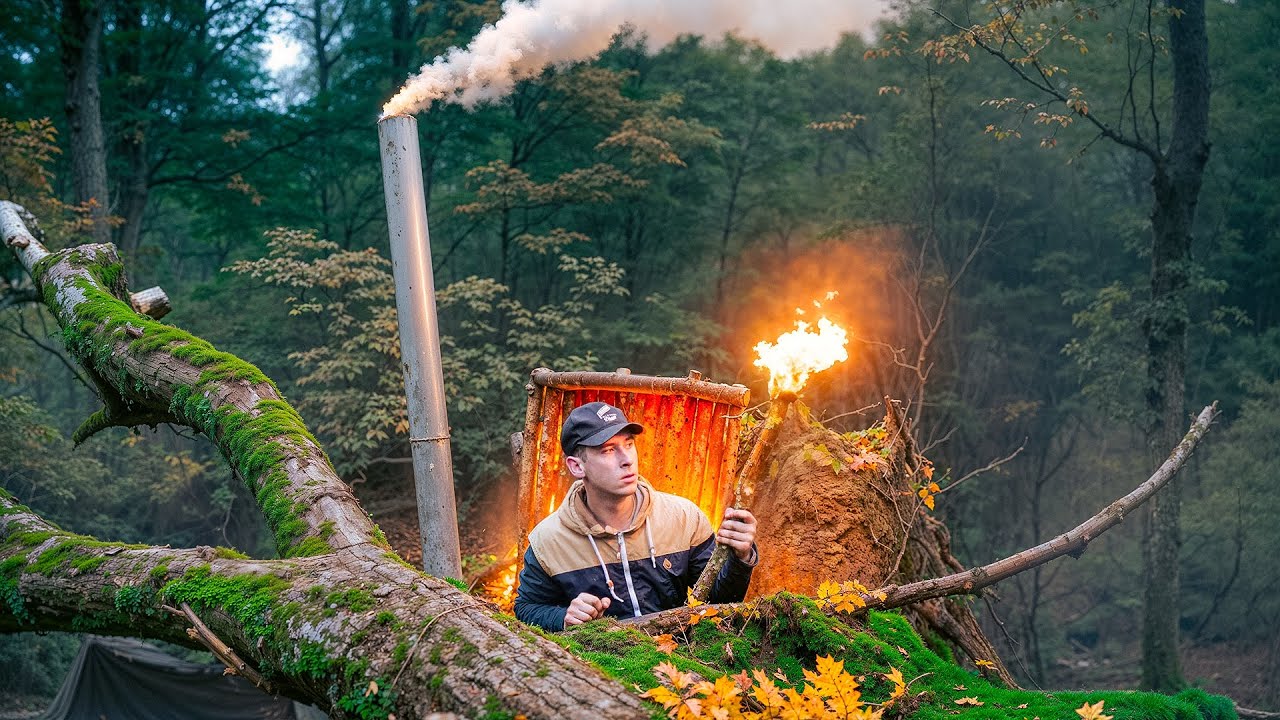 Building a Secret Underground Shelter with a Fireplace in the Wild ...