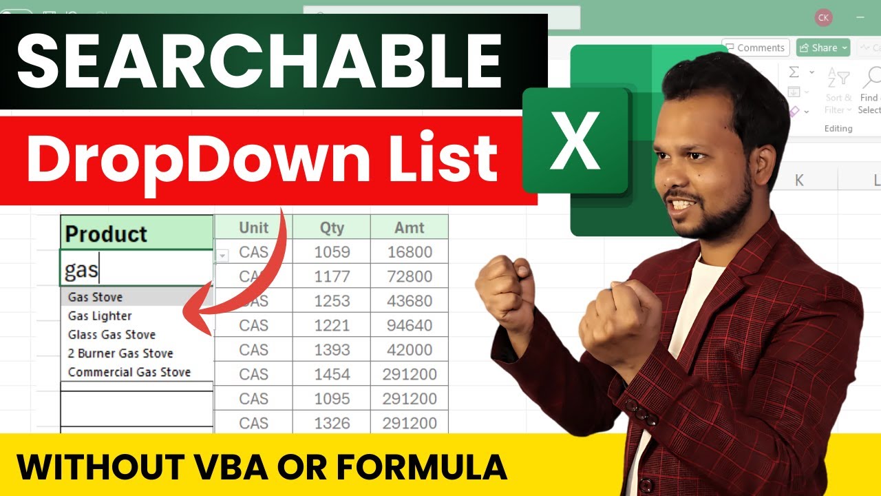 How to Create Searchable DropDown List in MS Excel without VBA Code & Formulas - YouTube