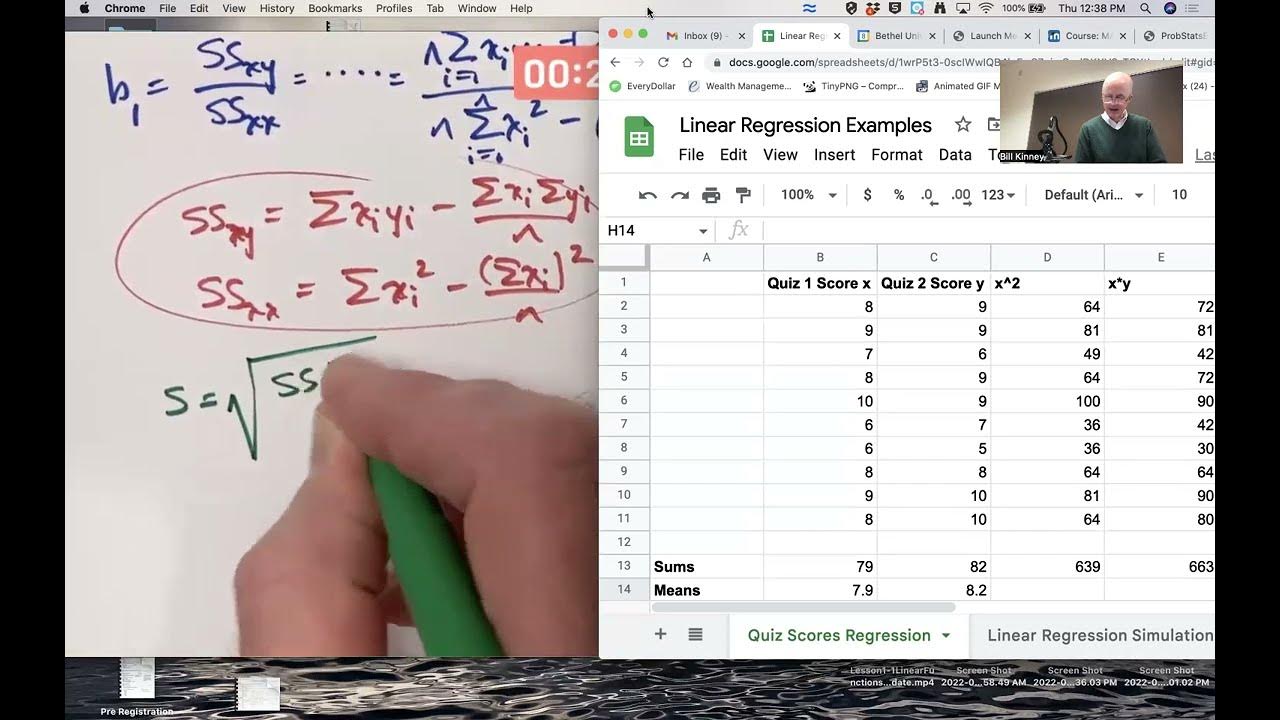 Linear Regression Quiz Scores Example with Spreadsheet Output - YouTube