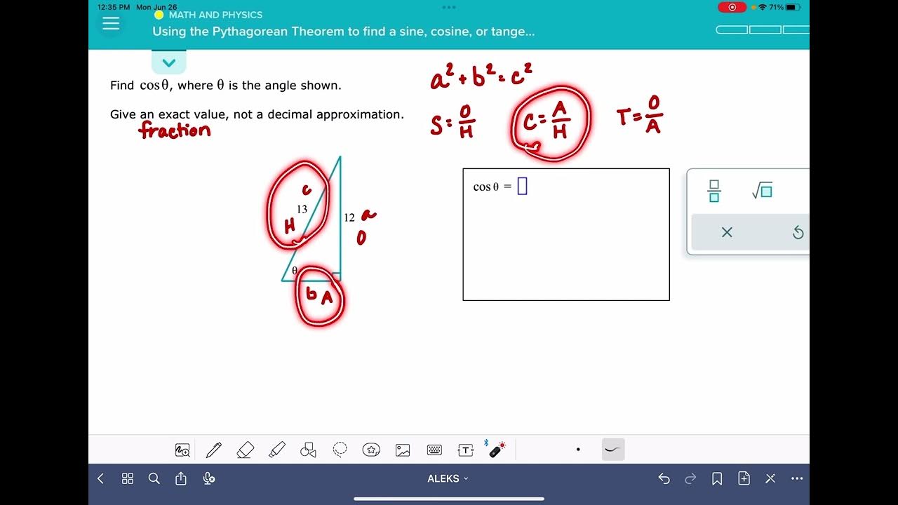 ALEKS: Using the Pythagorean Theorem to find a sine, cosine, or tangent ratio in a right ...