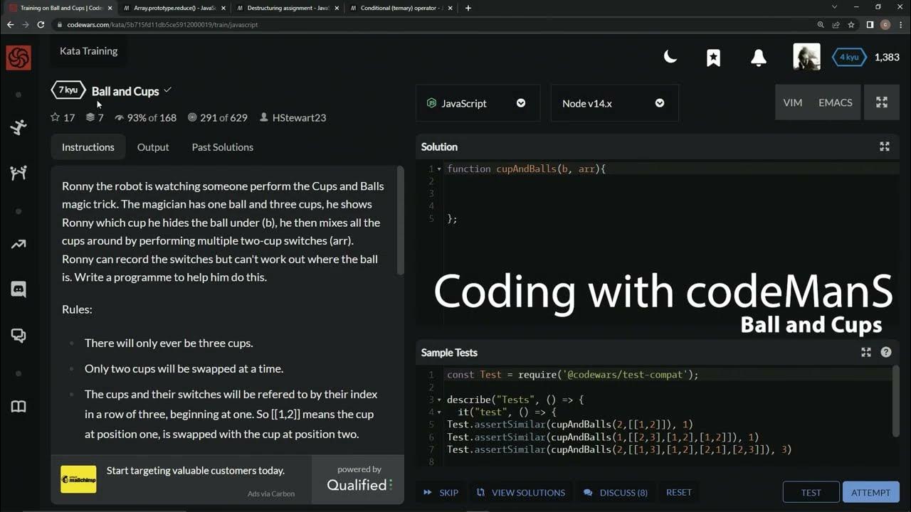Codewars 7 kyu Ball and Cups Javascript - YouTube