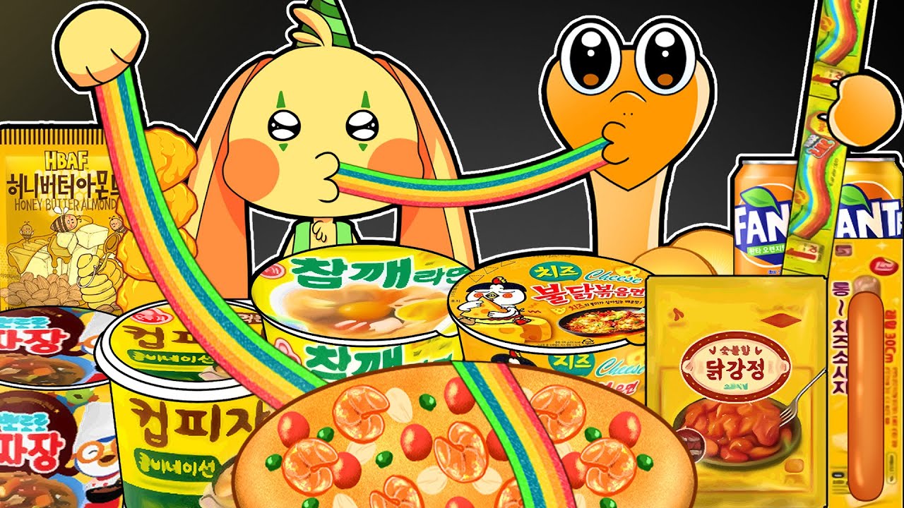 💛Convenience Store Yellow Food MUKBANG - Bunzo Bunny VS Orange ...