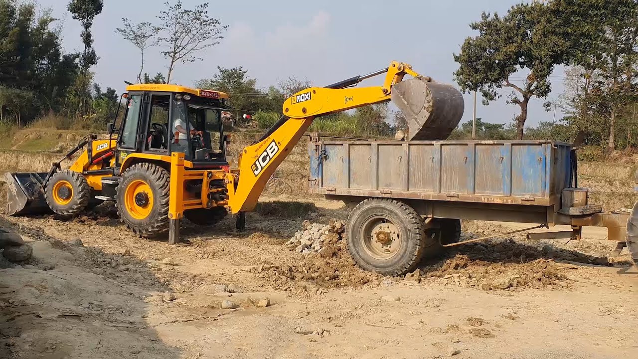 JCB Backhoe Loading Sand and Stone in Tractor - JCB and Tractor Working ...