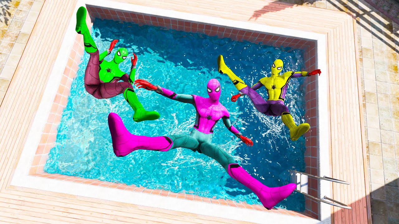 GTA 5 Rainbow Yellow Vs Red & Pink Spiderman Jumping Into Pool ...