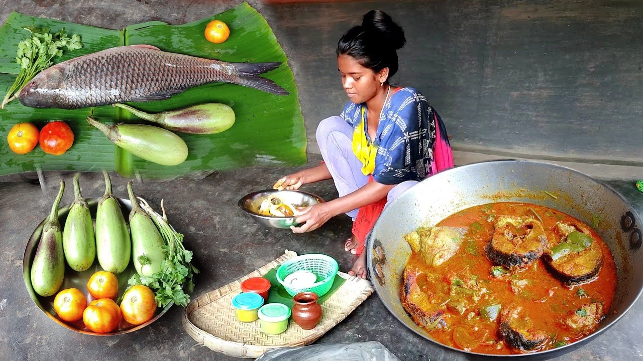 how santali tribe people cook fish curry with brinjal in tribal method ...