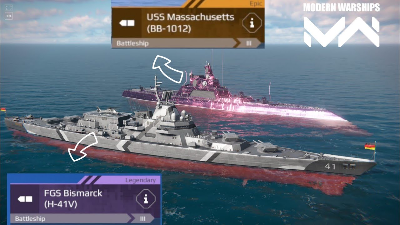 Modern warships USS Massachusetts VS FGS Bismarck (H-41V) Battle ...