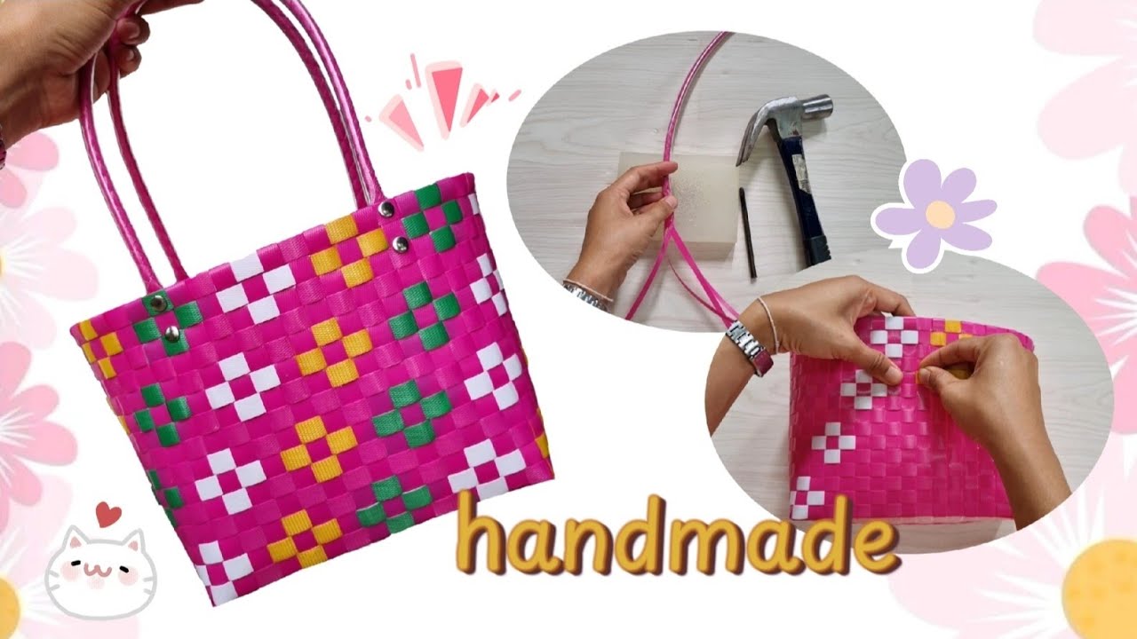 วิธีสานกระเป๋าจากเส้นพลาสติก ลายดอกไม้ | Woven plastic line art ideas ...