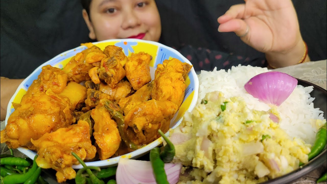 Asmr Eating Show-Spicy Chicken Curry|Chicken Bhuna With Hot Rice|Aloo ...