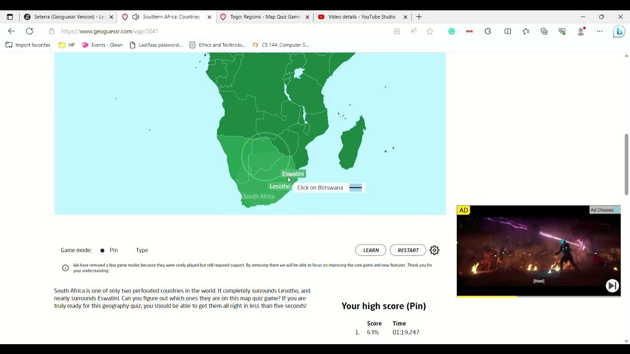Seterra (Geoguessr Version) Southern Africa: Countries In 1.361 (Web) (IGT) - YouTube