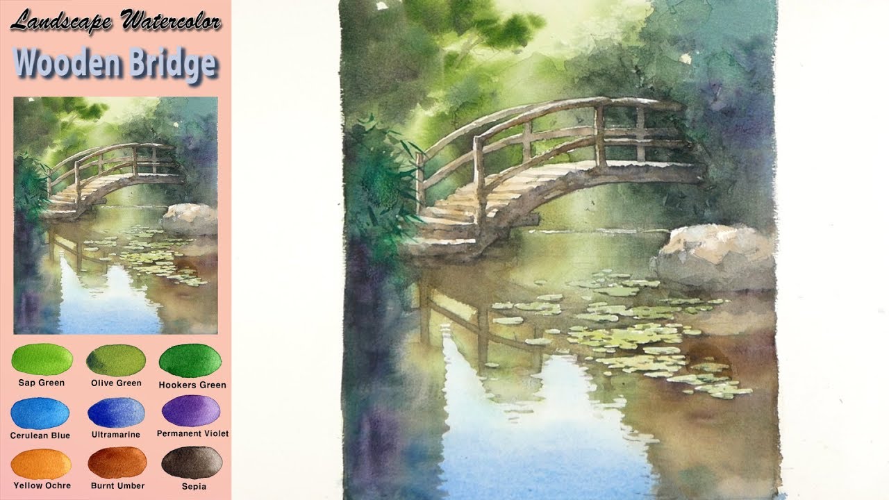 Landscape Watercolor- Wooden bridge in a forest (Masking work, wet-in ...