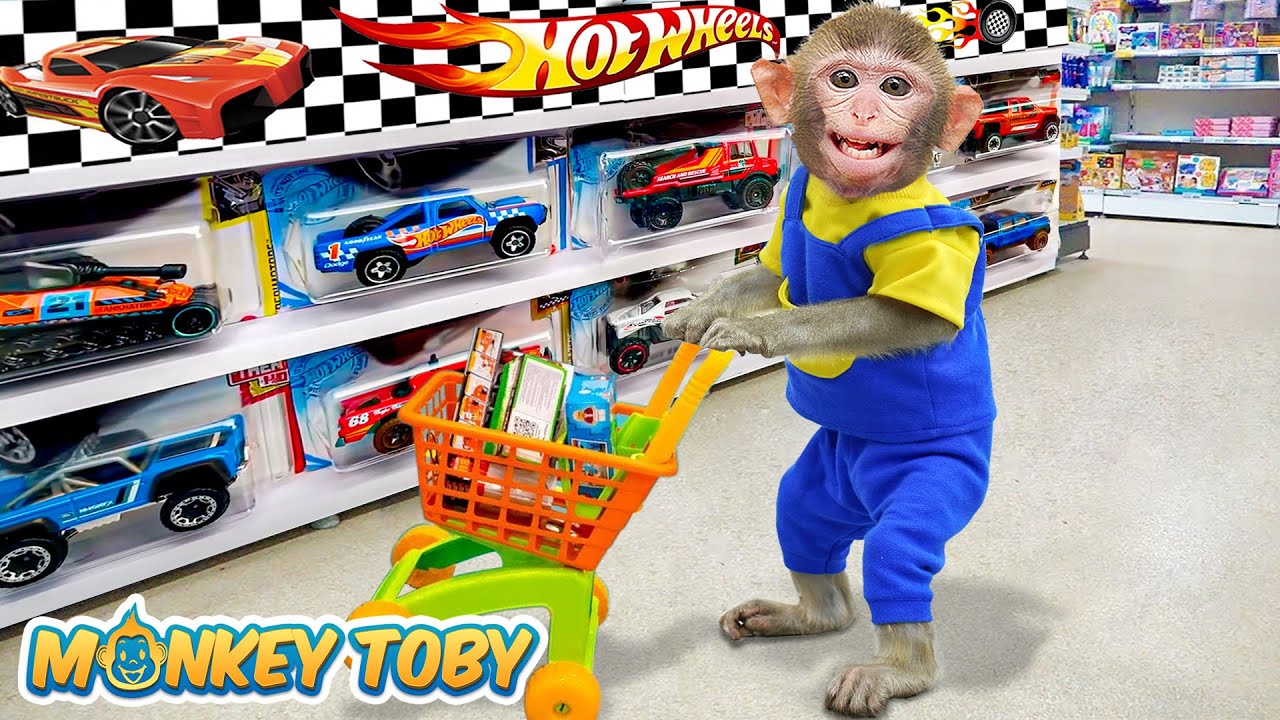 Monkey Toby go shopping at the supermarket to buy hot wheels cars ...