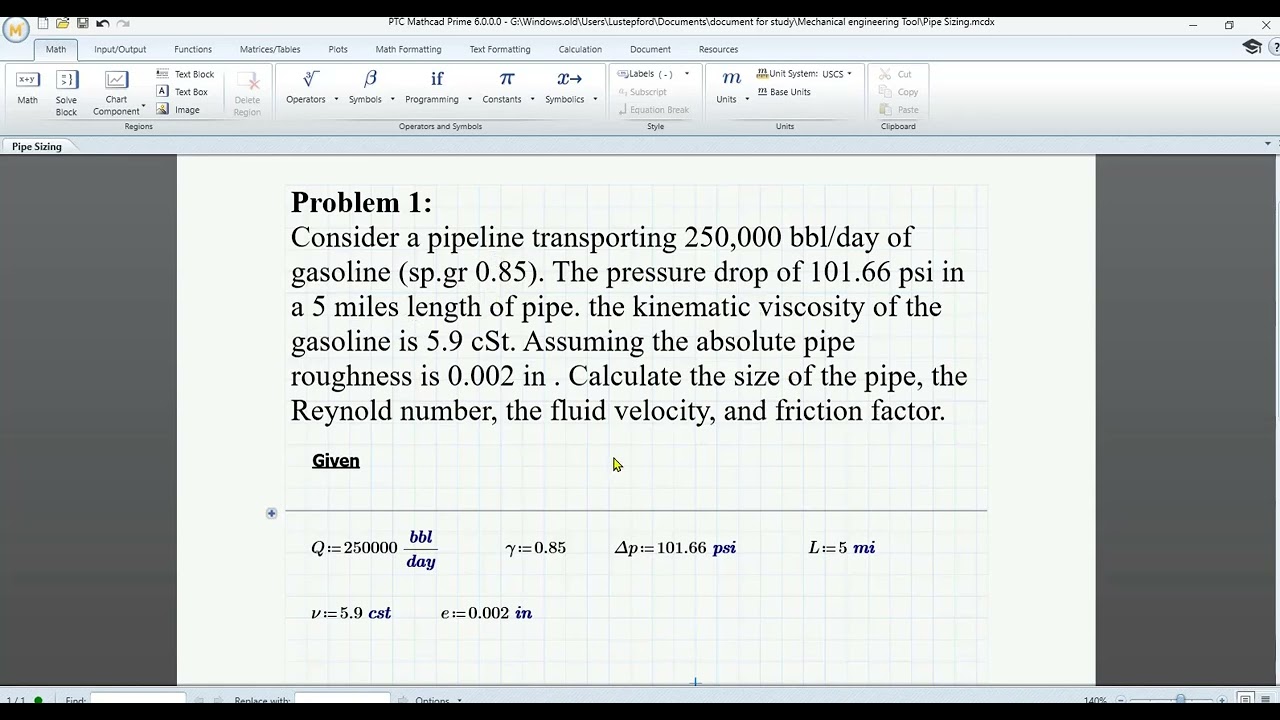 Learn How To Use PTC Mathcad Solver For Pipe Sizing In PTC Mathcad Learn How To Use PTC Mathcad Solver For Pipe Sizing In PTC Mathcad
