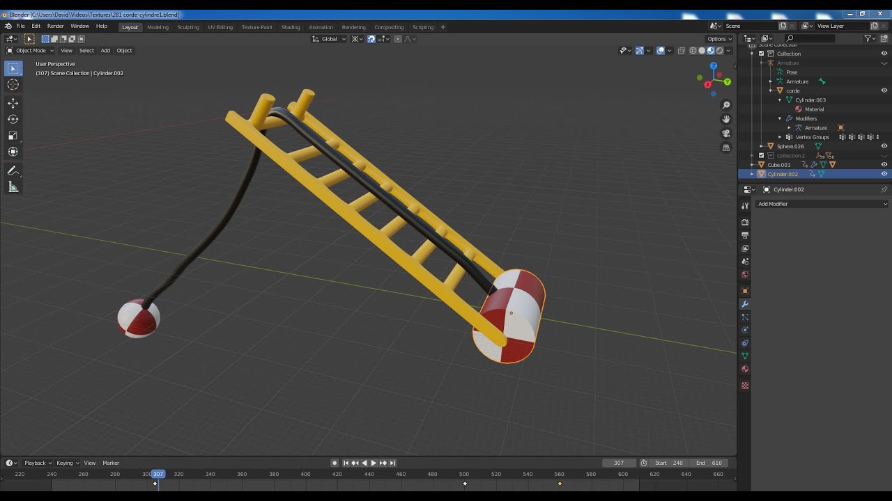 Blender 2.8 rigidbody rope with gravity / câble ou corde en rigidbody ...