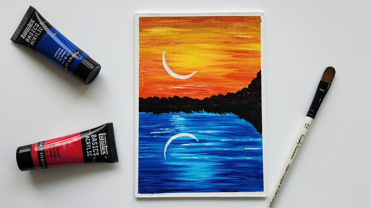 Sunset with Moonlight | Acrylic Painting Tutorial for Beginners - YouTube