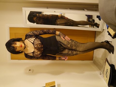 Paula goes dark + Black fishnet bodystocking, lace shrug, lace thong & waist nipper (crossdresser)