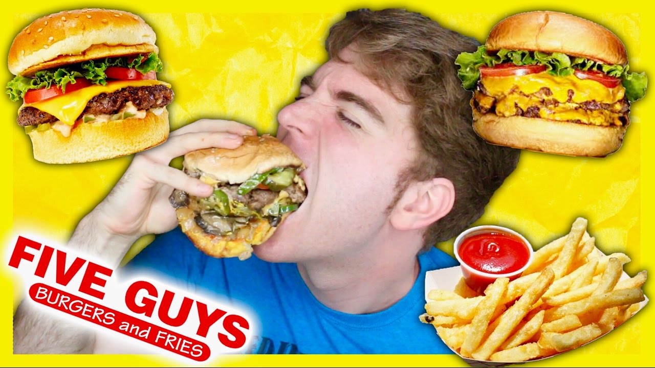 TASTING FIVE GUYS BURGERS AND FRIES - YouTube