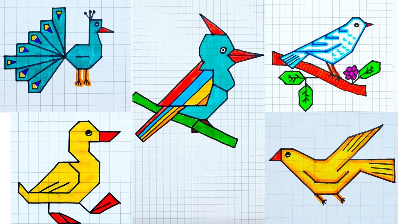 Easy bird drawing Graph paper birds drawing - YouTube
