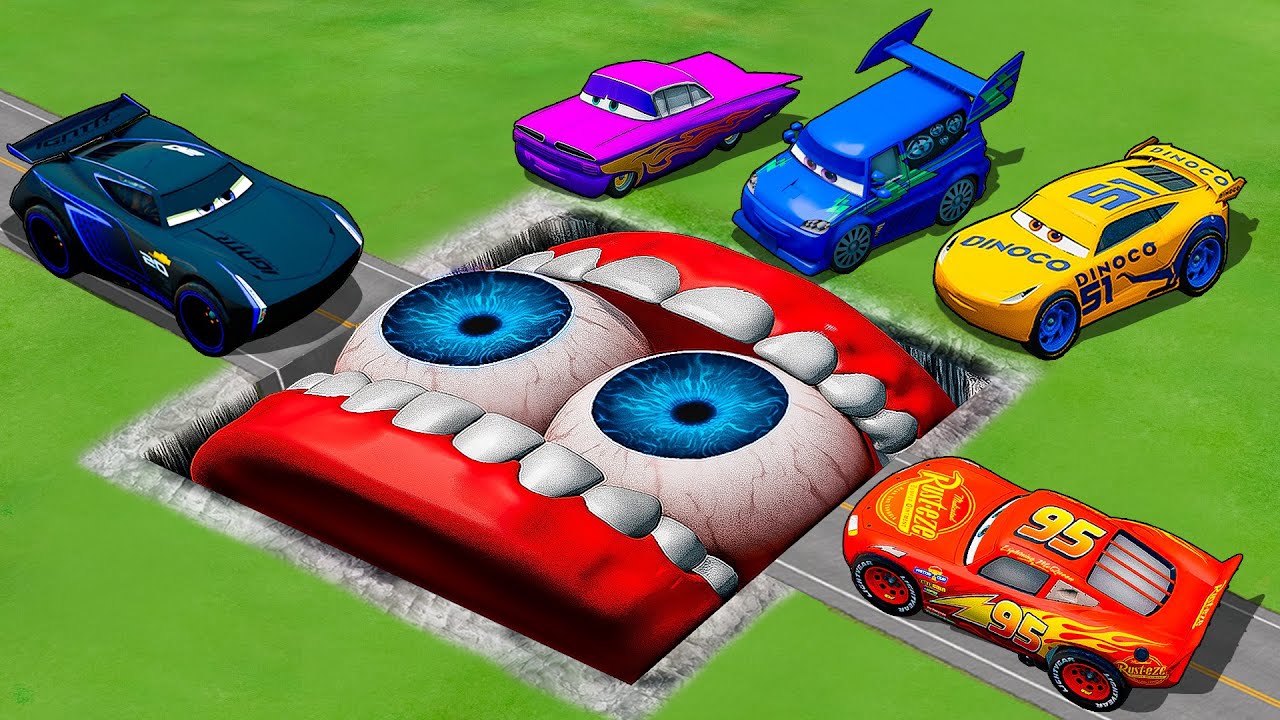 Mega Giant MOUTH & RAINBOW & LAVA Pits VS Big & Small Lightning McQueen ...