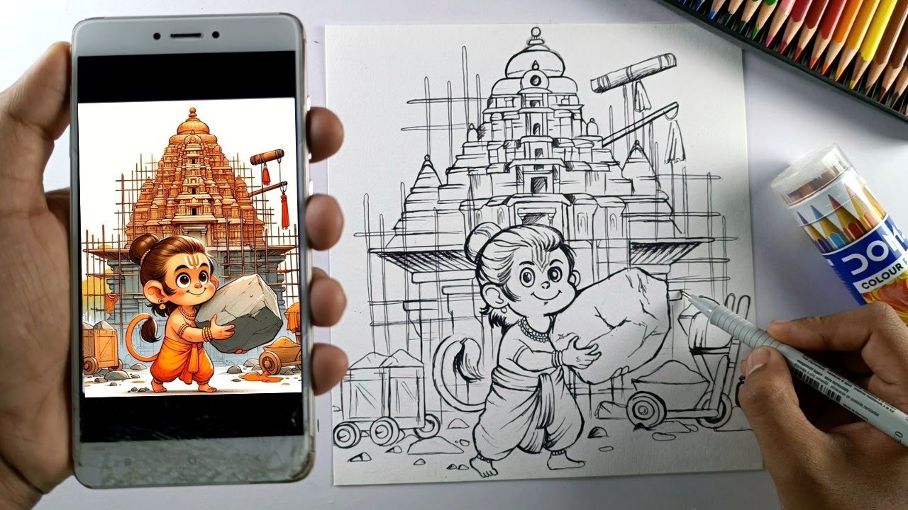 Hanuman Ji Drawing, Ram Mandir Drawing (Outline Tutorial) - YouTube