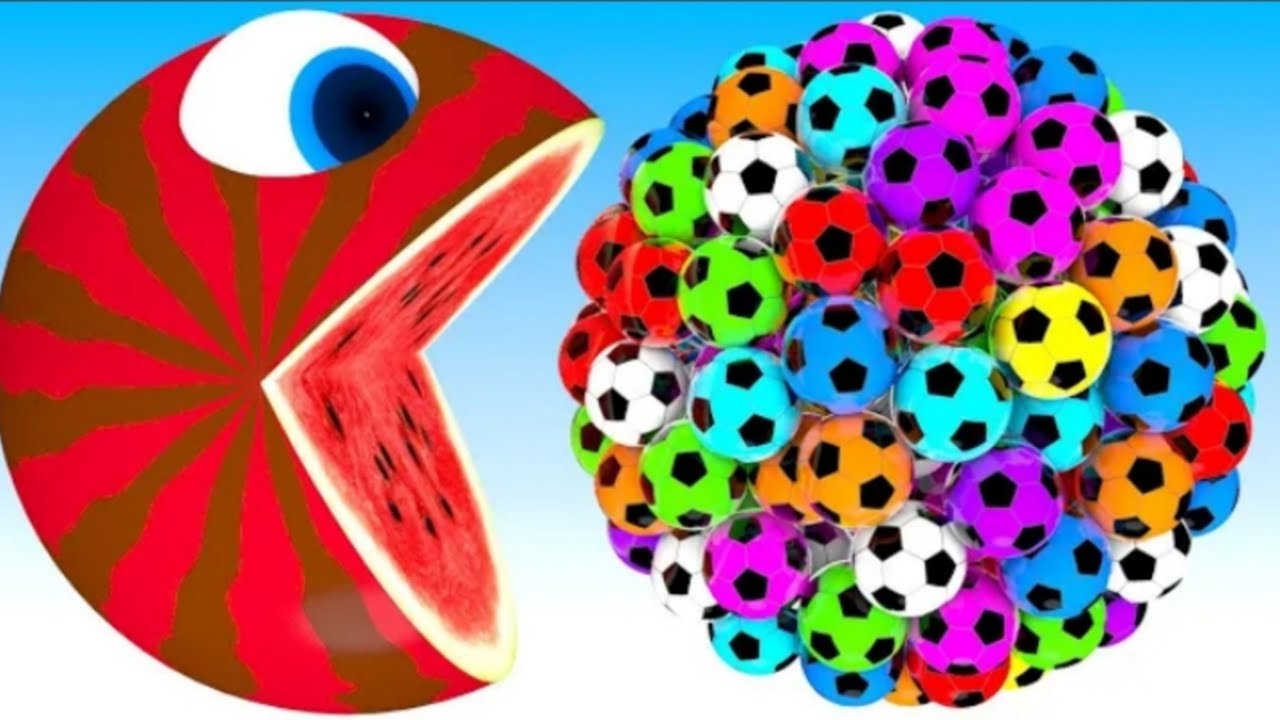 Pacman watermelon meets a giant soccer balls truck friends roll on farm ...