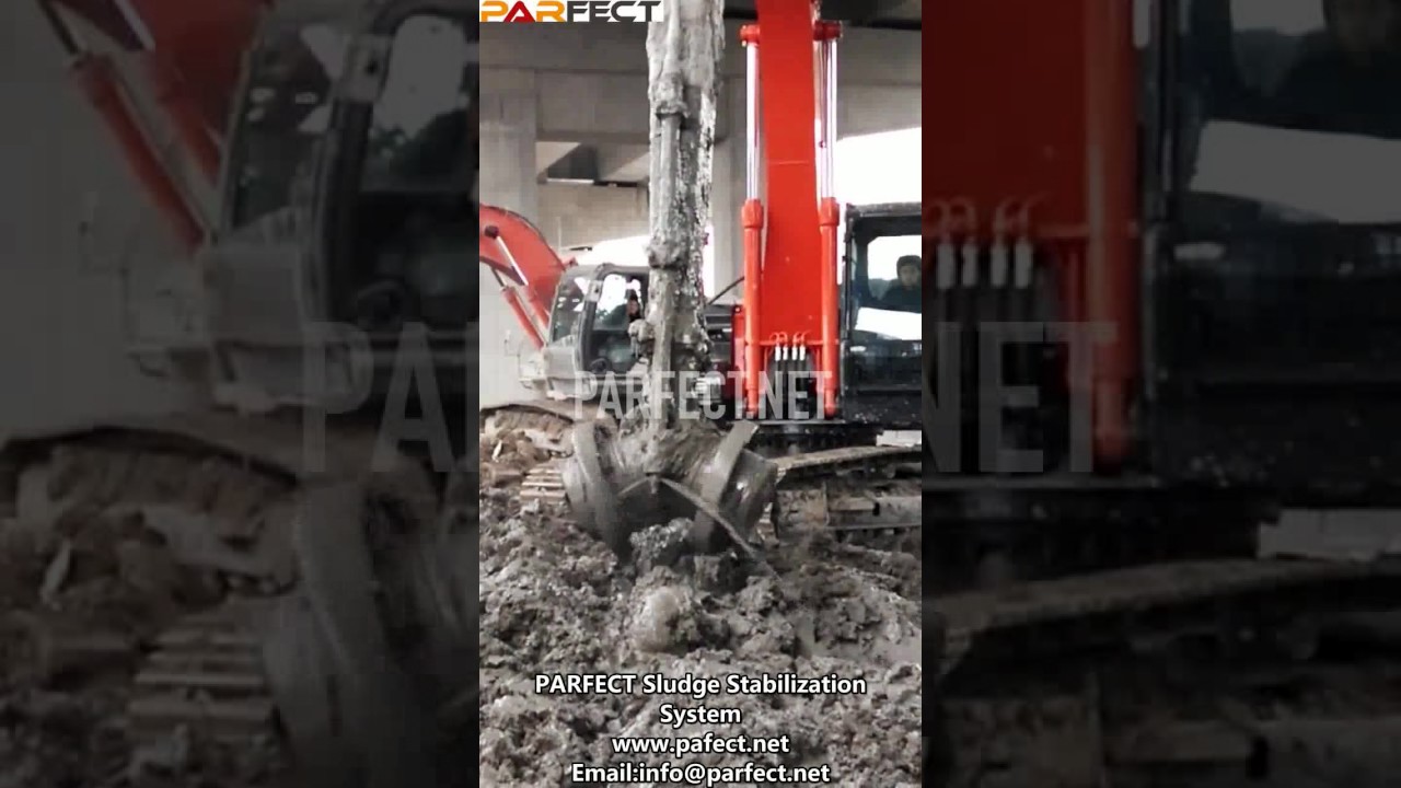 Excavator mounted soil mixer demo of PARFECT wet feeding cement soil ...