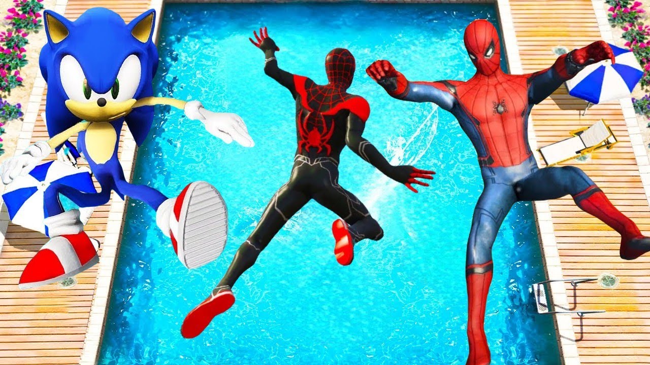 GTA 5 Sonic Miles Morales & Spiderman - Funny Jump Fails Falls | Jump into Pool |Euphoria ...