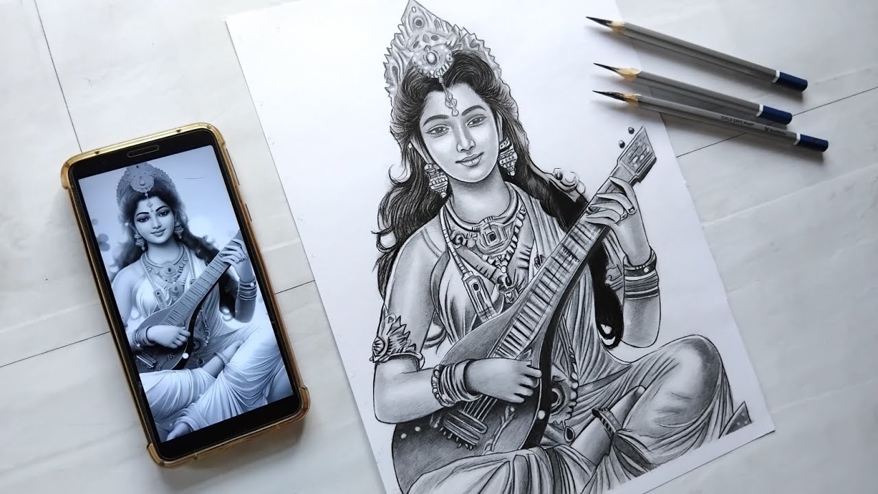 How to draw Saraswati Mata, Saraswati Mata drawing, Shading Tutorial ...